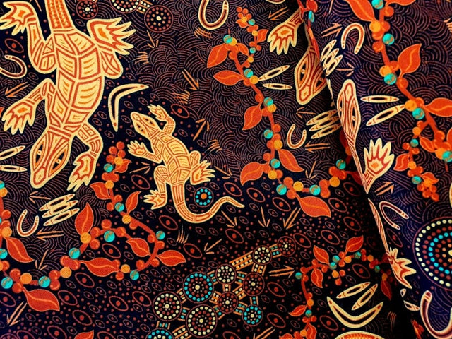Man & Goanna Brown – Aboriginal Fabric Gallery